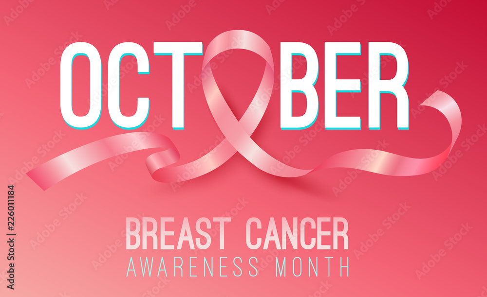 Realistic pink ribbon, october breast cancer awareness month. Banner ...
