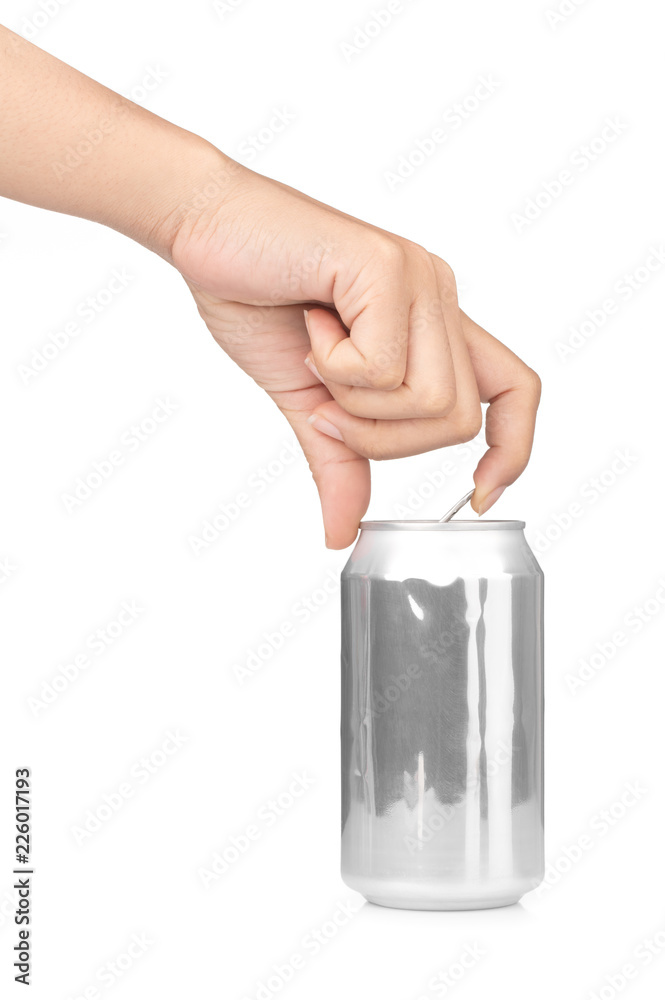 hand opening beverage tin can with water drops isolated on white ...