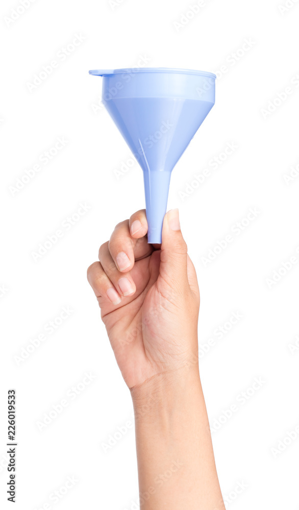 hand holding plastic Kitchen funnel isolated on white background Stock ...