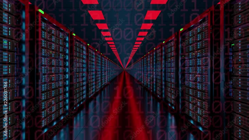 infinitely long server room in big data center full of ...