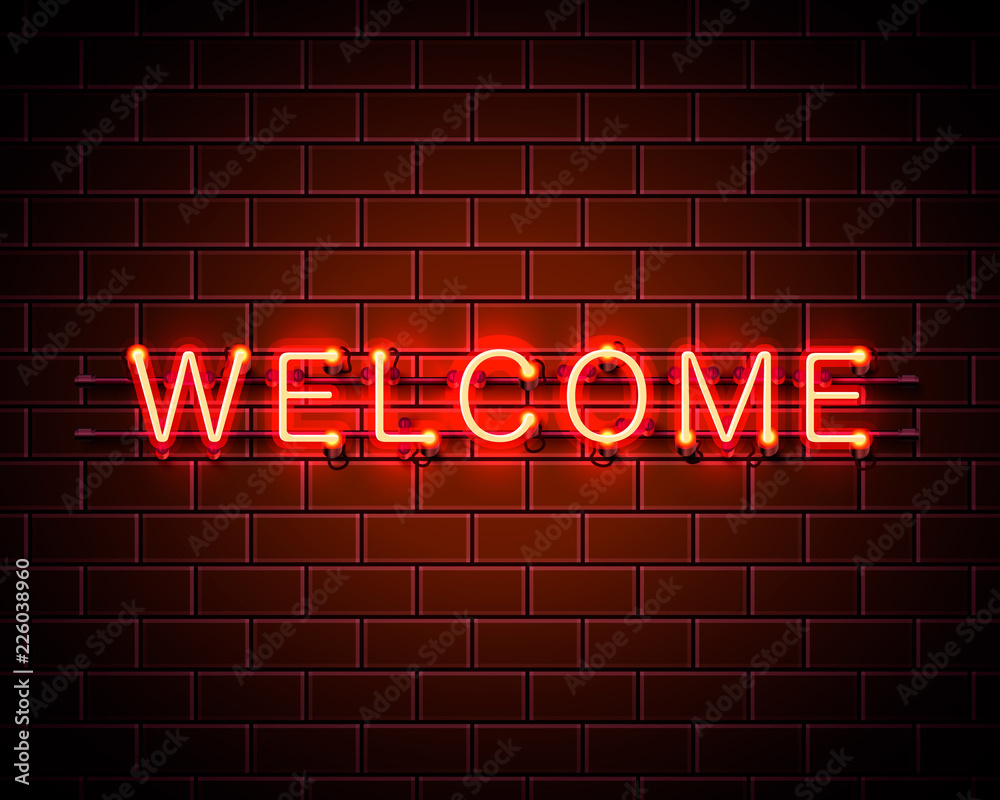 Neon welcome signboard on the red background. Vector illustration Stock ...