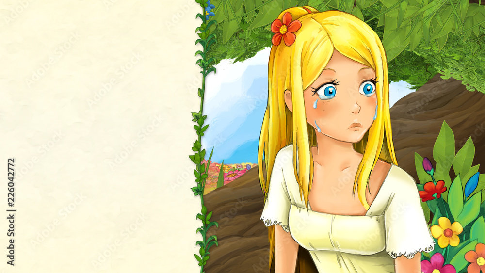 cartoon fairy tale scene with beautiful young girl siting near the tree ...
