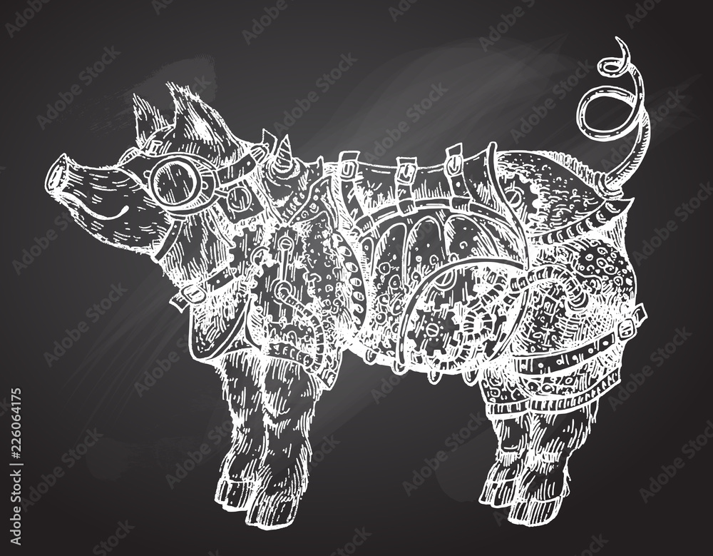 Hand drawn vector illustration steampunk pig. Sketch style drawi Stock ...