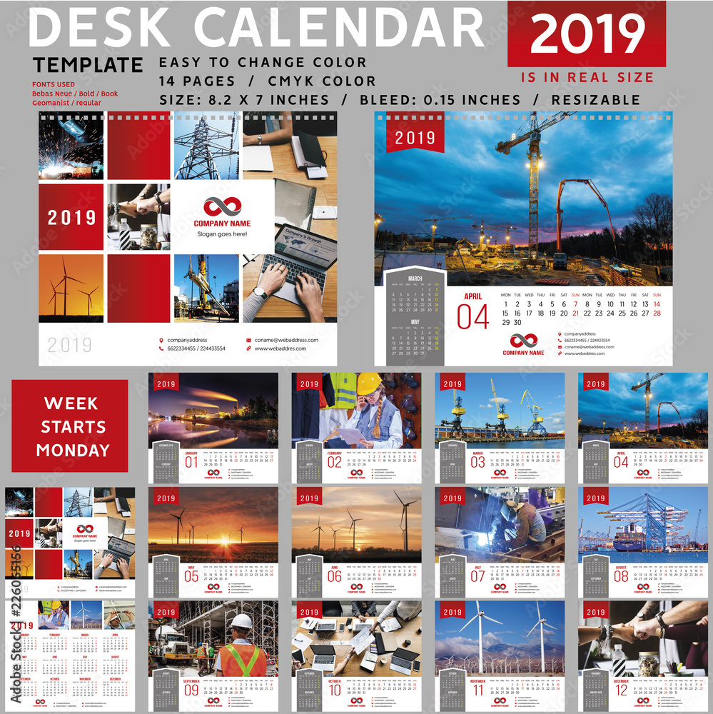 Desk calendar 2019, desktop calendar template, red calendar, Week ...