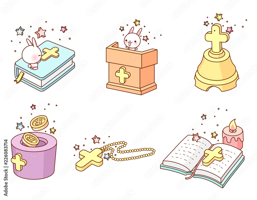 Variation of holy objects displayed in a row against white background ...