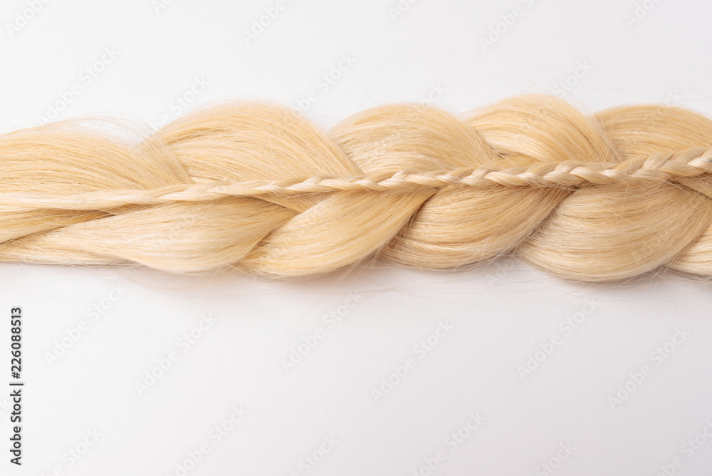 Human, natural light blond hair tress on white isolated background. An ...