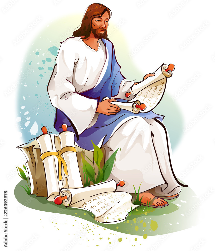 Jesus Christ reading scrolls Stock Vector | Adobe Stock