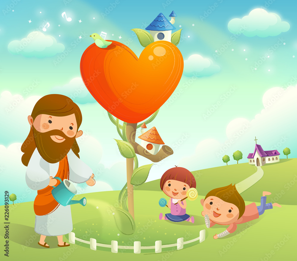 Figure of Jesus Christ watering a plant and two children playing on the ...