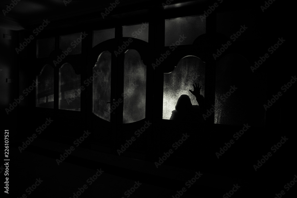 Silhouette of an unknown shadow figure on a door through a closed glass ...
