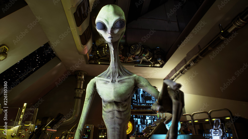 Alien presses the keys on sci-fi hologaphic screen. 3D Rendering Stock ...