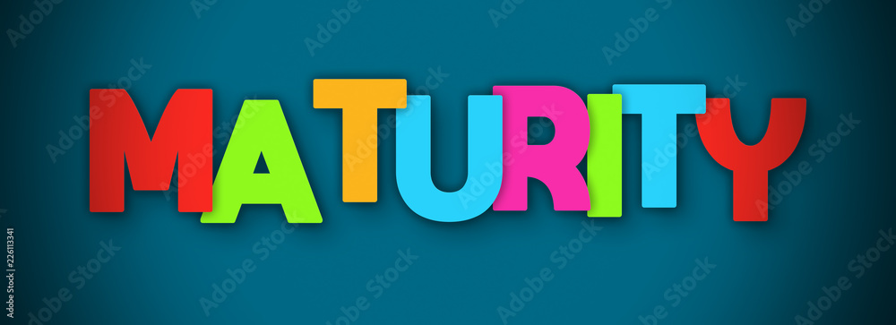 Maturity - overlapping multicolor letters written on blue background ...