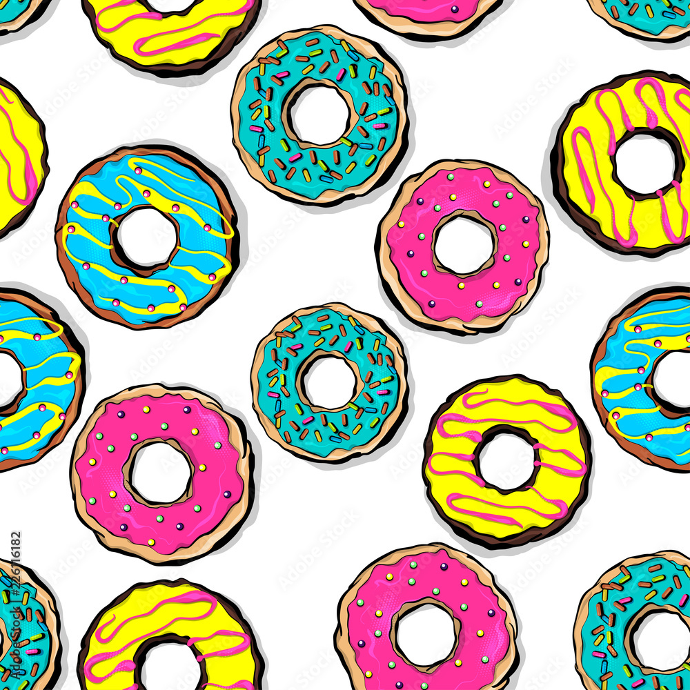 Glazed doughnut seamless pattern pop art style. Colored chocolate ...