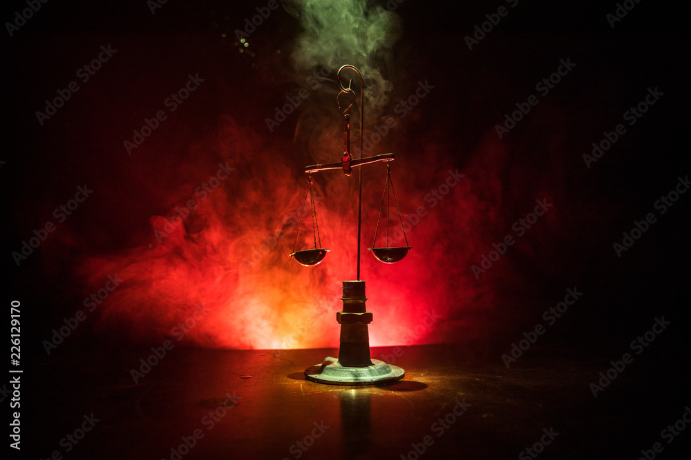 Justice scale with dark toned foggy background. Justice concept. Scale ...