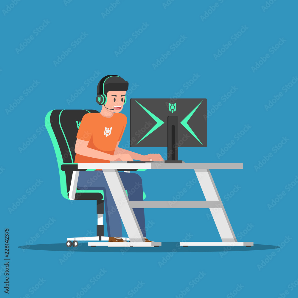 Young gamer playing game on desktop computer with gaming gear Stock ...