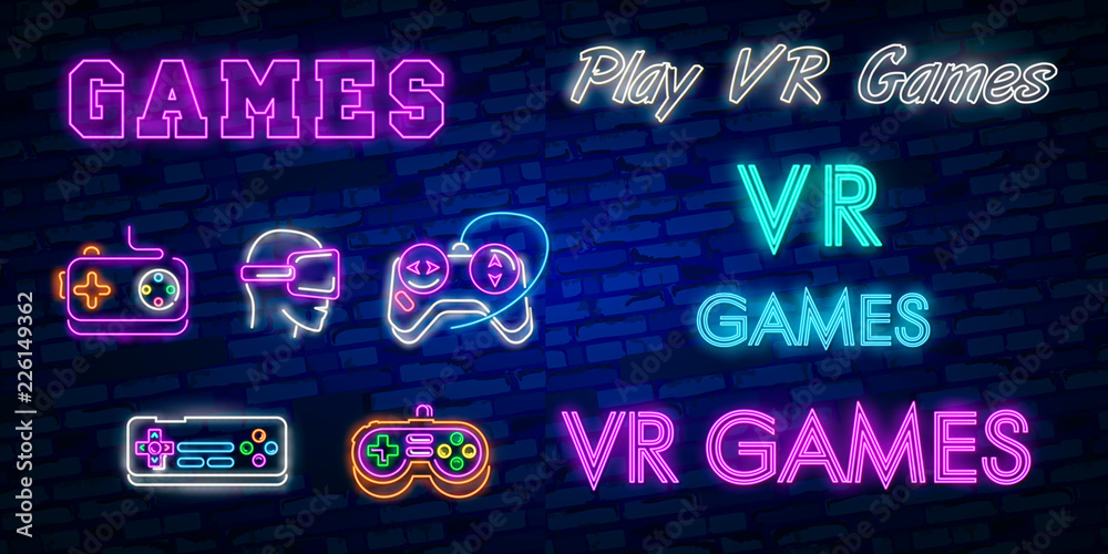 Video Games logos collection neon sign Vector design template ...