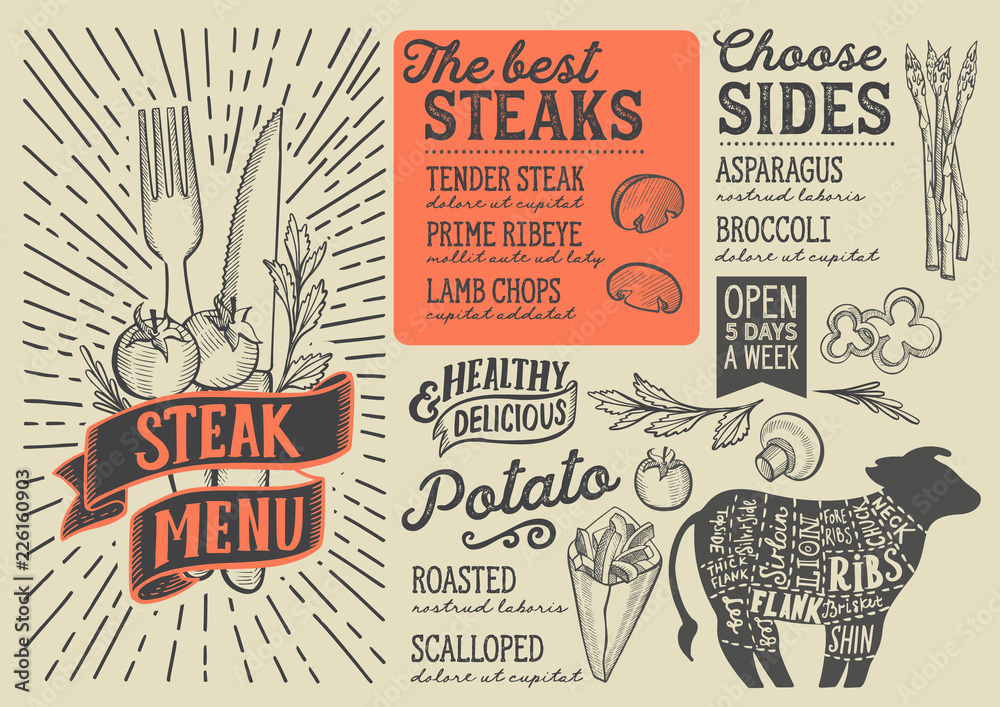 Steak menu food template for restaurant with doodle hand-drawn graphic ...