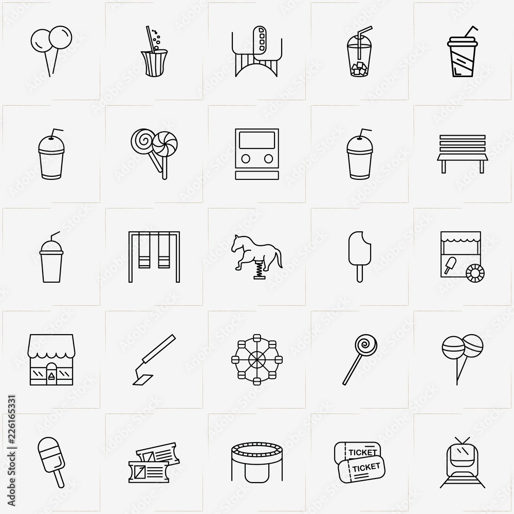 Amusement Park line icon set with lollipop, juice cup and metal ...