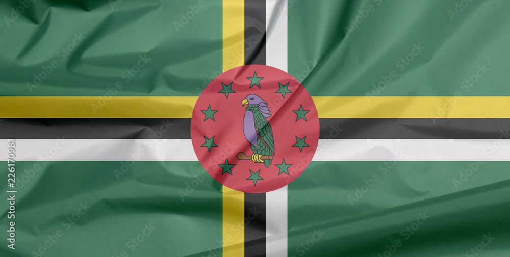 Fabric flag of Dominica. Crease of Domincian flag background, A green ...