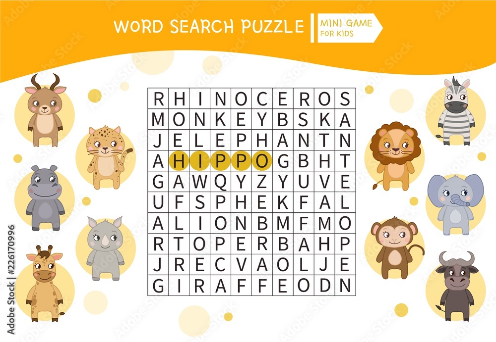 Educational game for kids. Word search puzzle with cute african animals ...