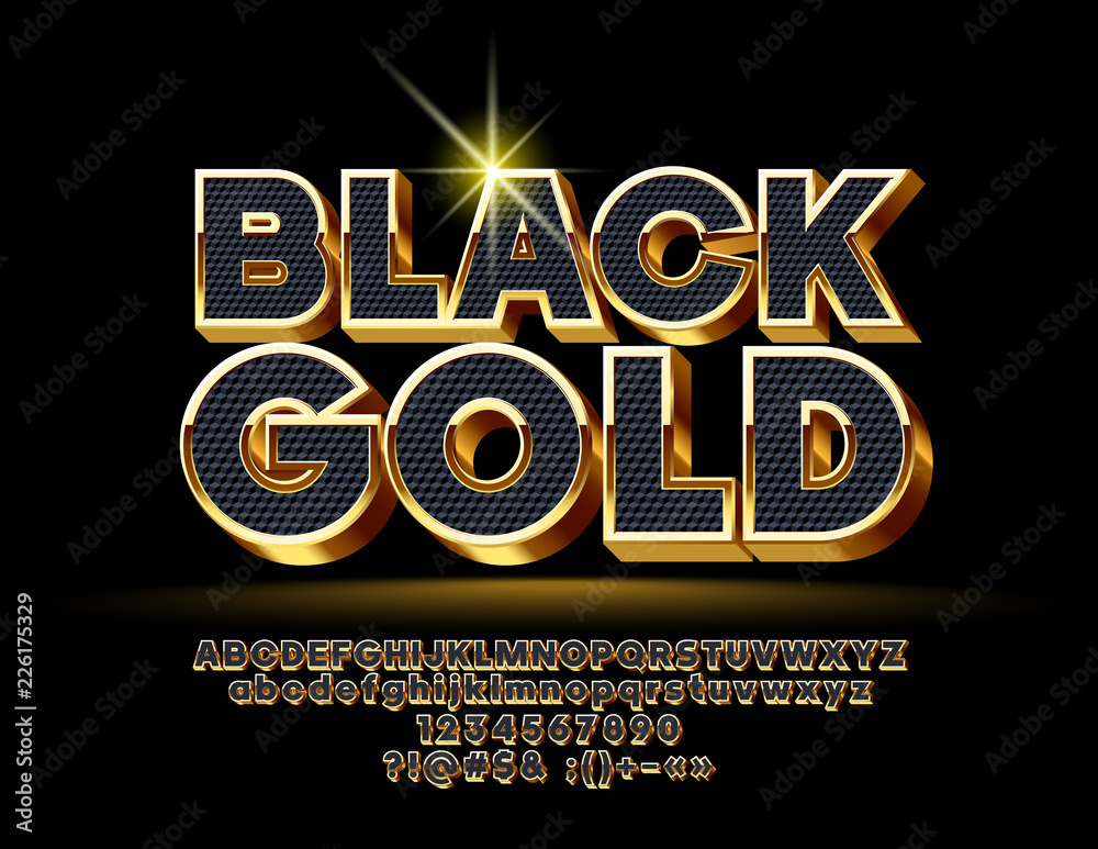 Vector Black Gold Alphabet Letters, Numbers an Symbols. 3D Elegant Font ...