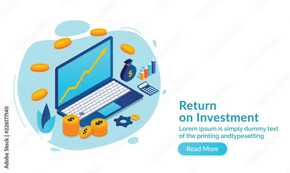 Isometric laptop with financial info chart, coin stacks and bar graph ...