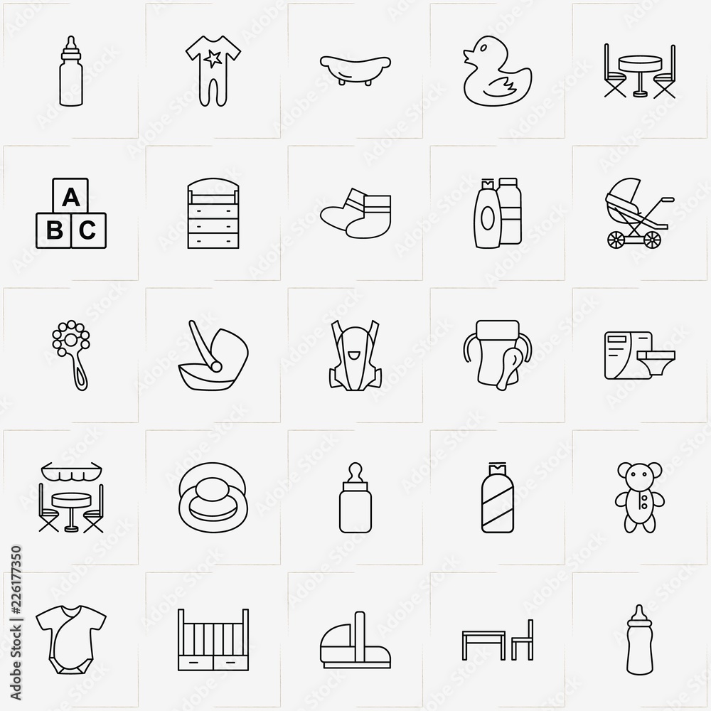 Baby Care line icon set with baby duck, shampoo and baby overalls Stock ...