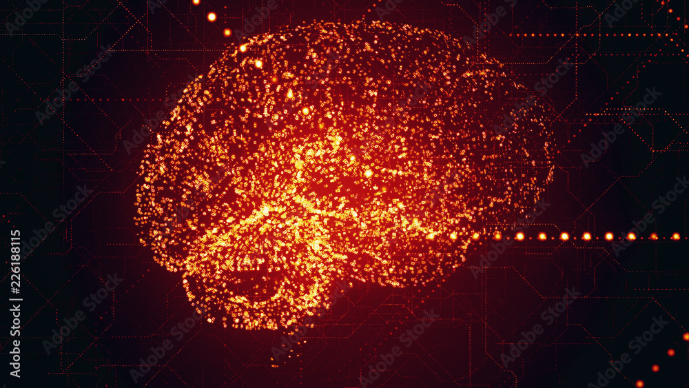 Digital Artificial Intelligence bright red brain appears in a particle of binary data scan in ...