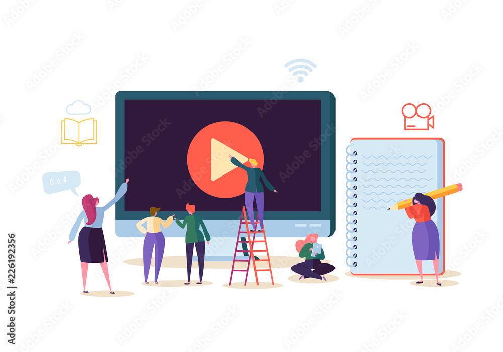 Online Education Concept. E-Learning with Flat People Watching ...