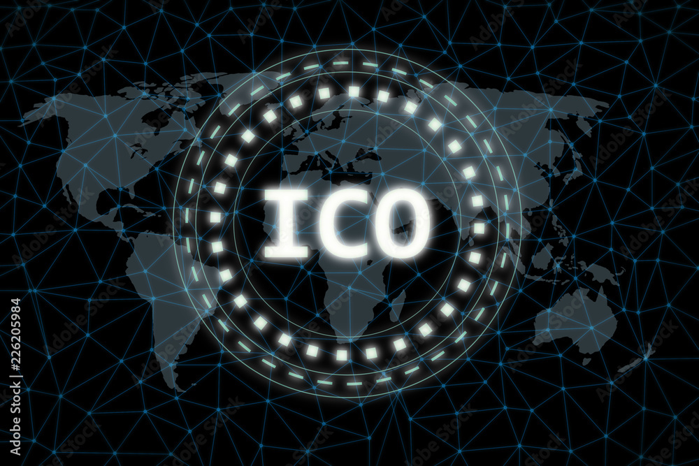 Initial Coin Offering (ICO) led glowing sign with ray light on abstract ...