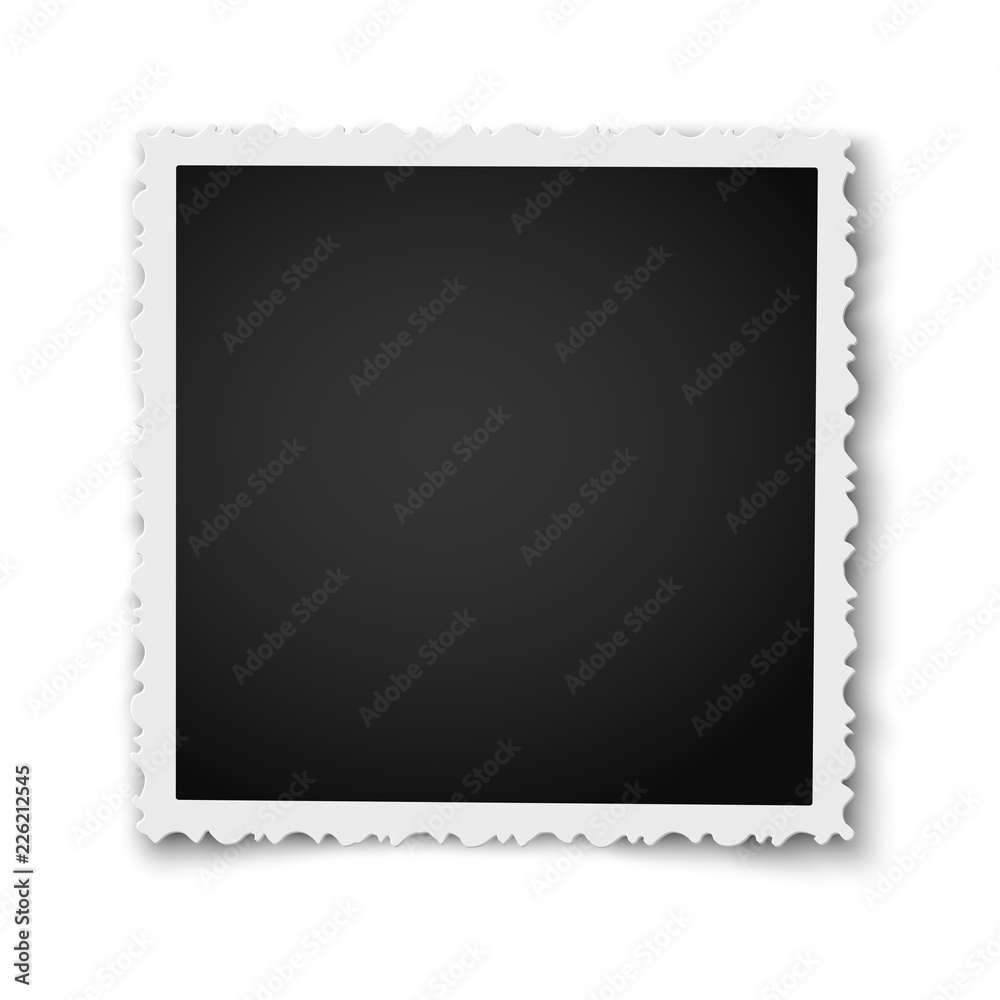 Retro realistic square photo frame with figured edges placed on white ...