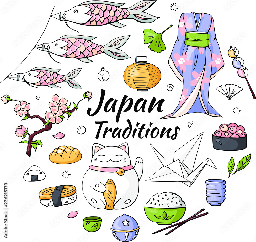 Set of traditional japanese culture. Colored vector illustration with ...