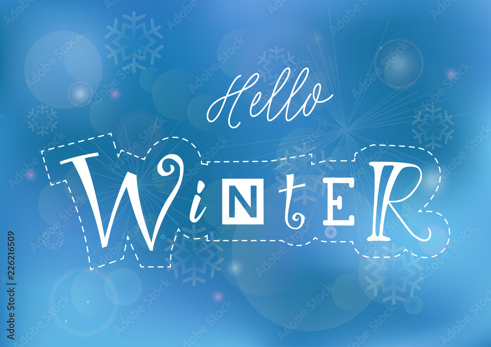 Lettering of Hello Winter with different letters in white with dashed ... Lettering of Hello Winter with different letters in white with dashed ...