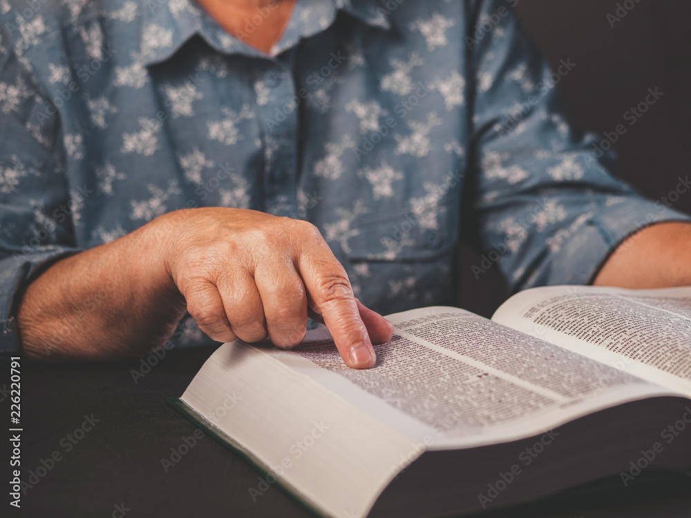 Old woman reading thick book at home. Grandmother with Bible ...