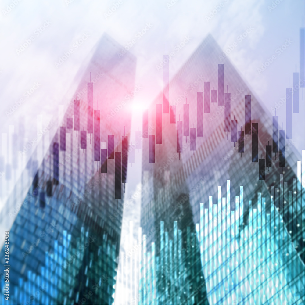 Stock trading candlestick chart and diagrams on blurred office center ...