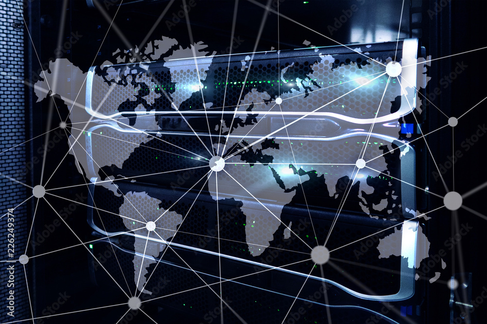 World map with communication network on server room background. Stock ...