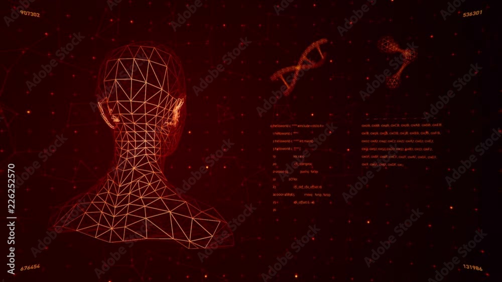 Background with animation of abstract interface. Human body, head ...