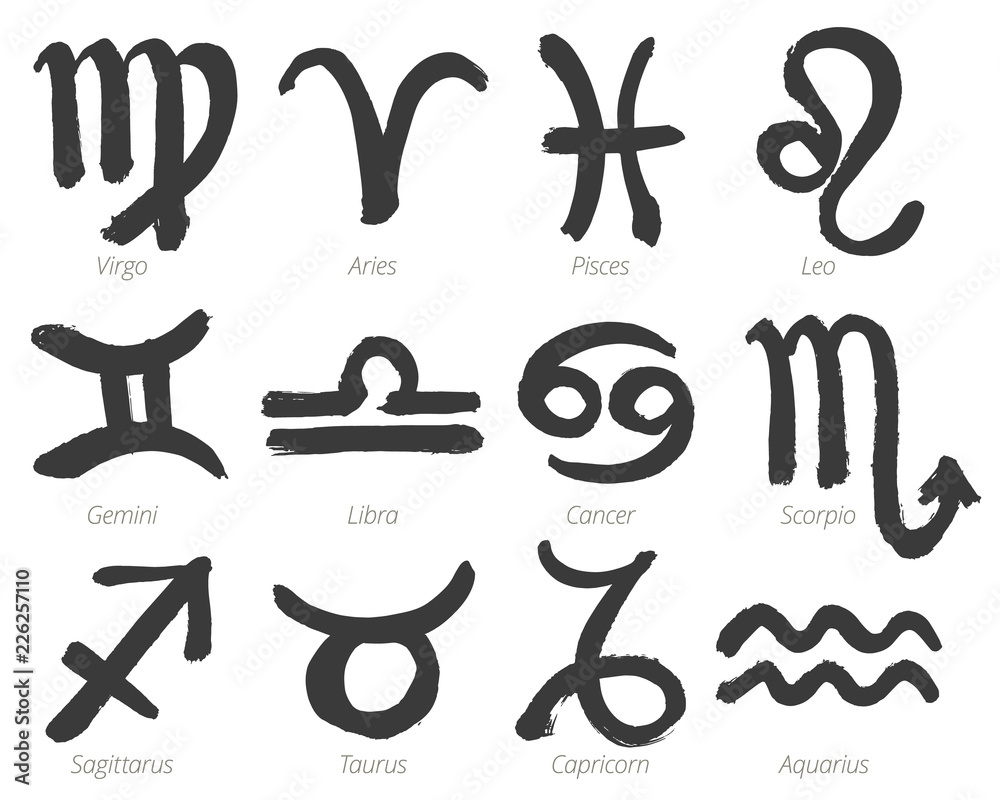 Collection of zodiac signs, hand-drawn with ink brush. Vector graphics ...