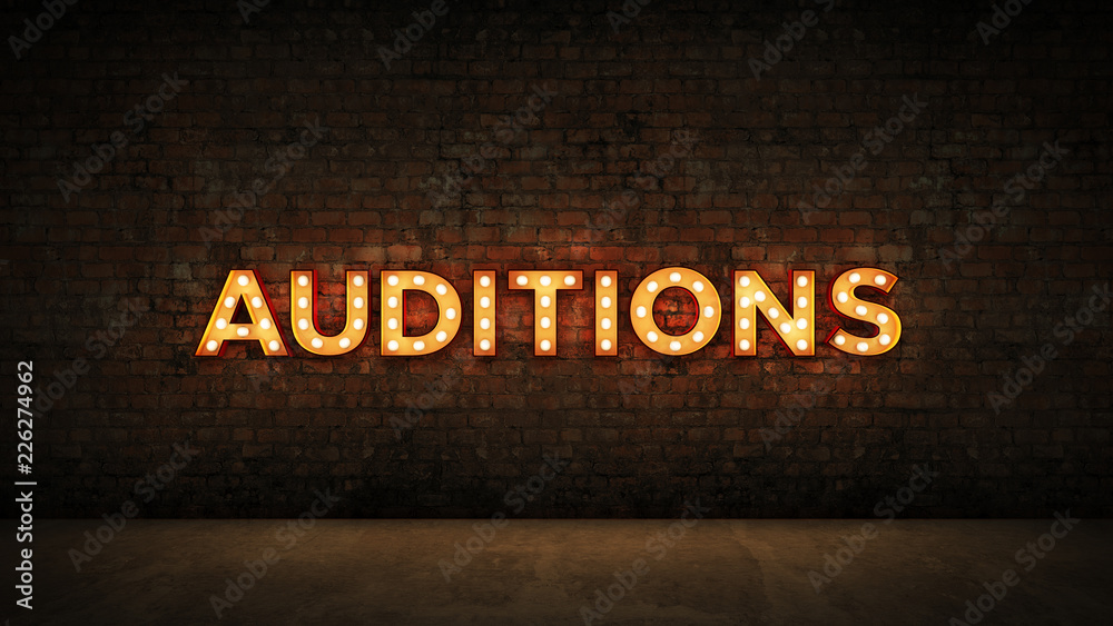 Poster Neon Sign on Brick Wall background - Auditions. 3d rendering ...