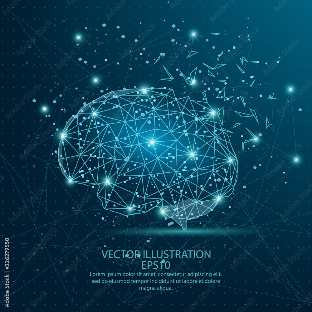 Brain form low poly wire frame on blue background. Stock Vector | Adobe ...