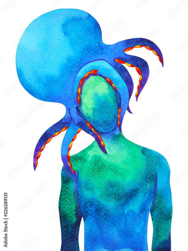 abstract human octopus head watercolor painting illustration hand ...