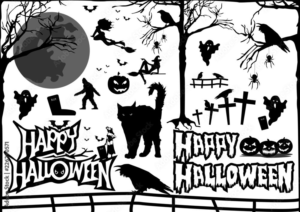 character set. halloween symbols Happy Halloween. animals. black cat ...
