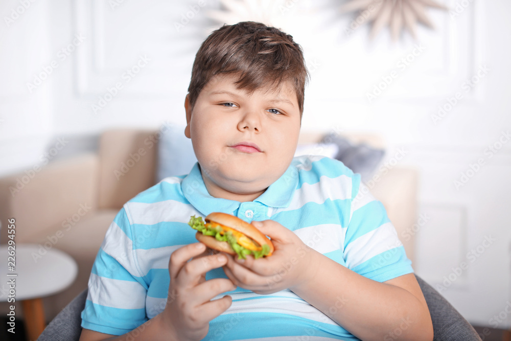 Overweight boy with burger indoors Stock Photo | Adobe Stock