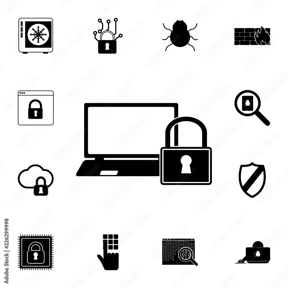 Desktop computer and lock on screen icon. Detailed set of cyber ...