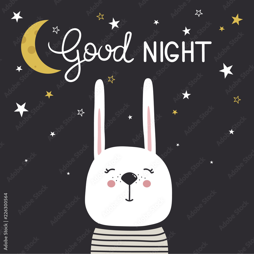 Hand drawn illustration with happy rabbit, moon, stars and lettering ...