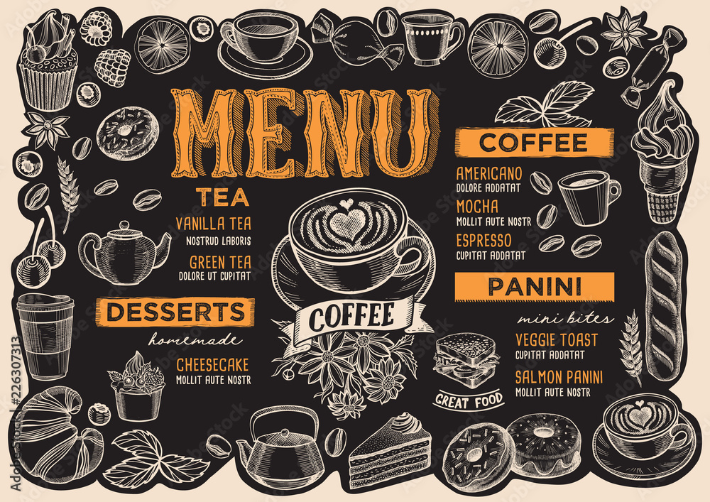 Coffee drink menu for restaurant with frame of hand-drawn fruits. Stock ...