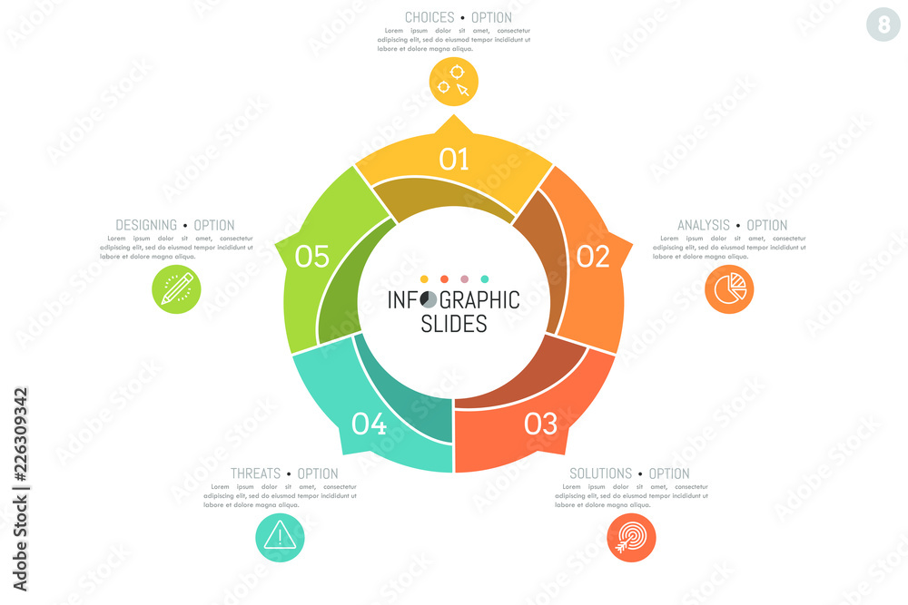 Simple infographic design template. Round chart divided into 5 ...
