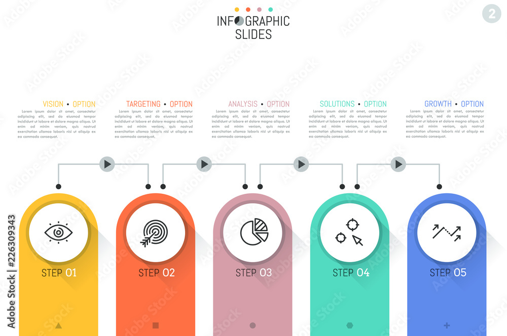 Infographic design layout, 5 numbered rounded elements containing ...