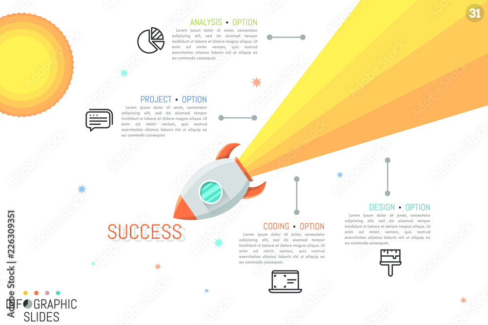 Colorful infographic design template. Spacecraft flying in outer space ...