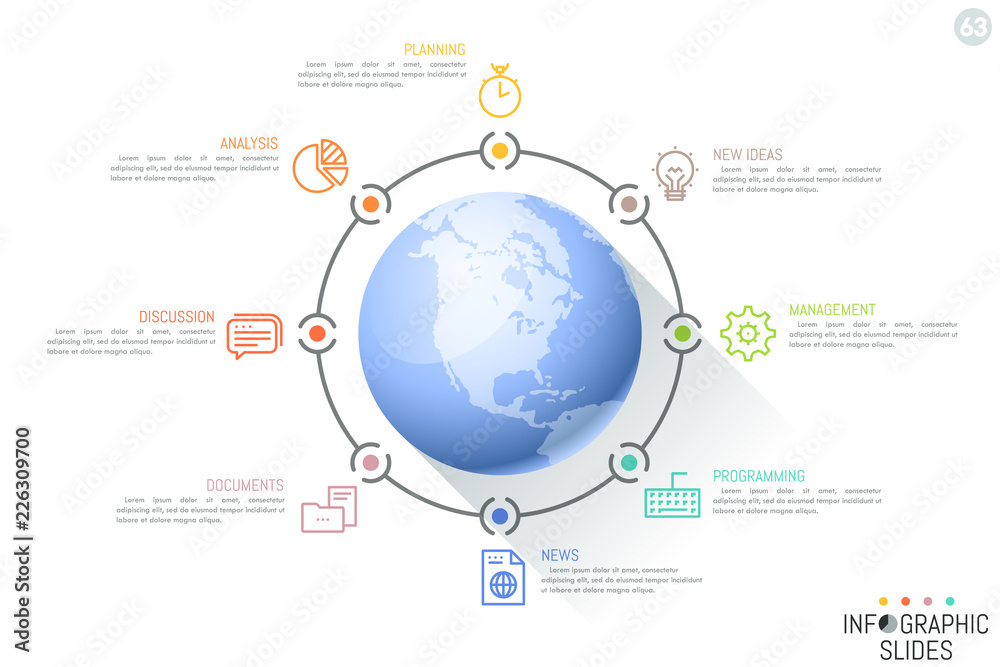 Eight pictograms and text boxes located around globe. Minimal ...
