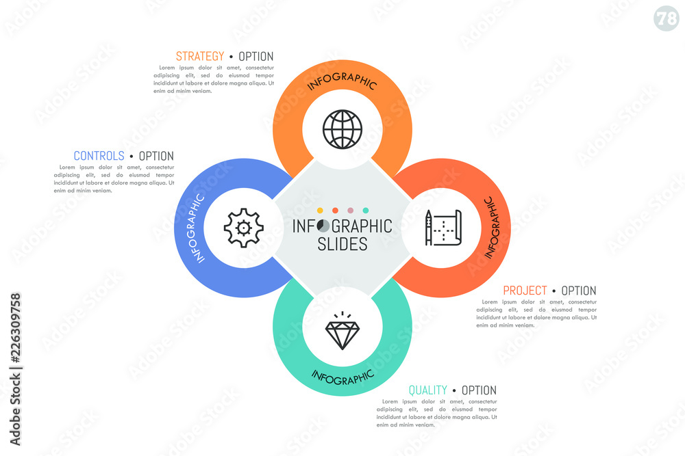 Four circular elements with pictograms inside placed around square in ...